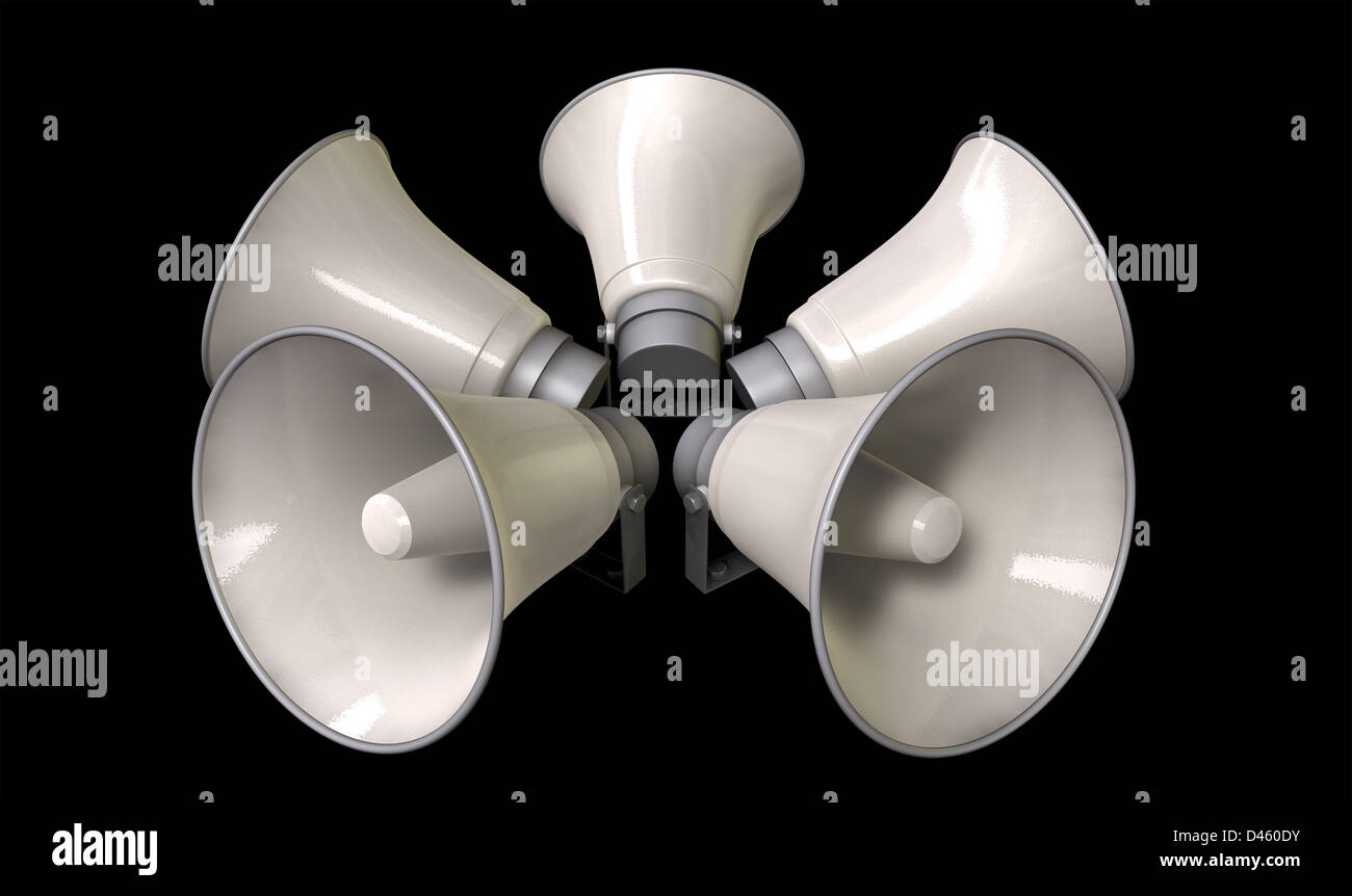 An array of five horn loudspeakers in a circle facing outwards on an ...