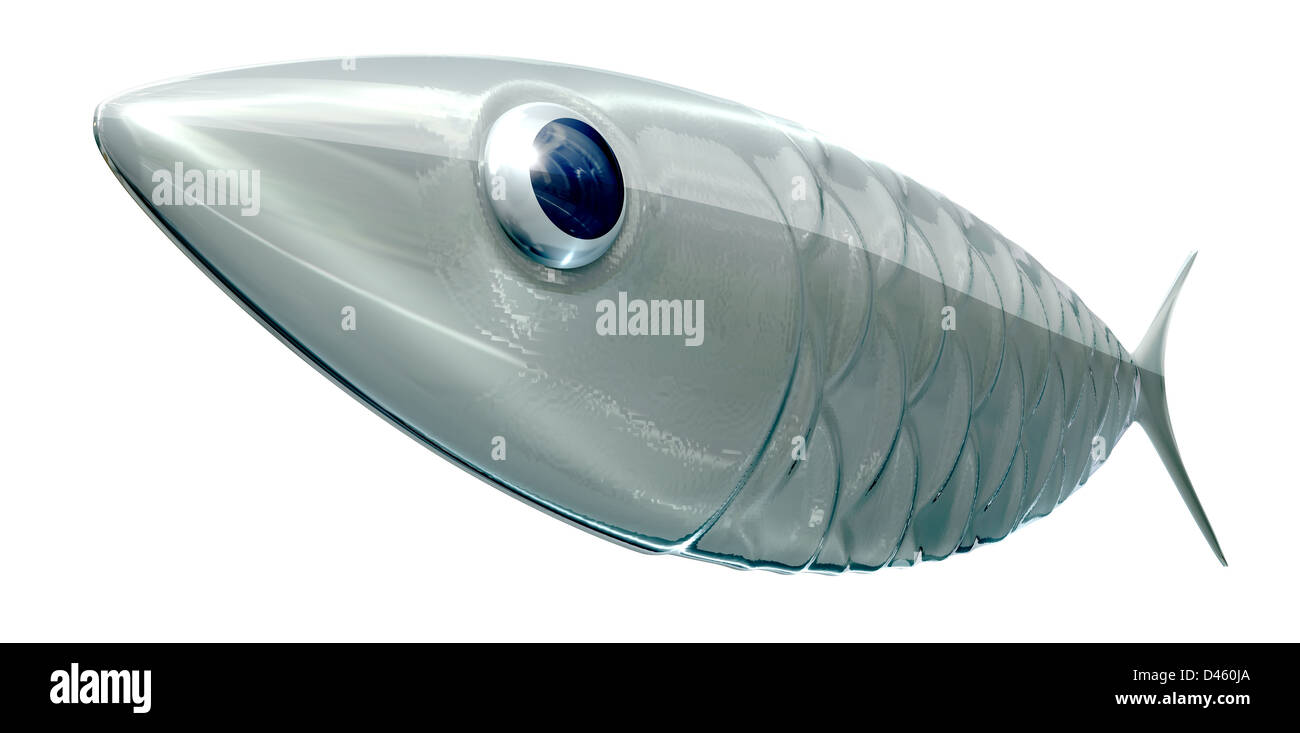 A perspective view of a stylized silvery metal fish with a black eye on ...