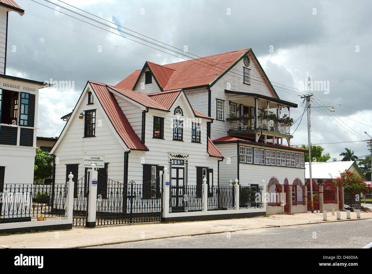 The white timbered Dutch colonial buildings Paramaribo, Surinam Stock ...