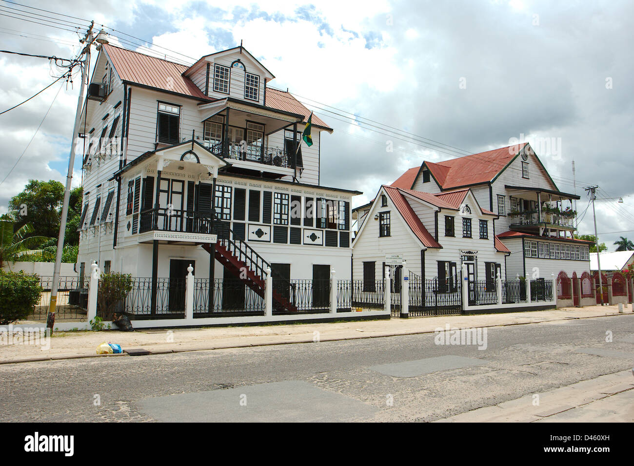 The white timbered Dutch colonial buildings Paramaribo, Surinam Stock ...