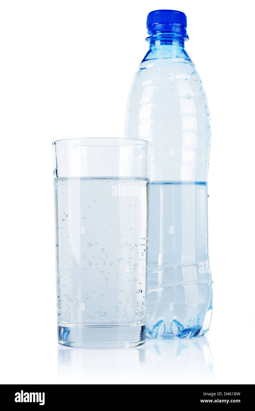Mineral water in plastic bottle with glass isolated on white background Stock Photo - Alamy
