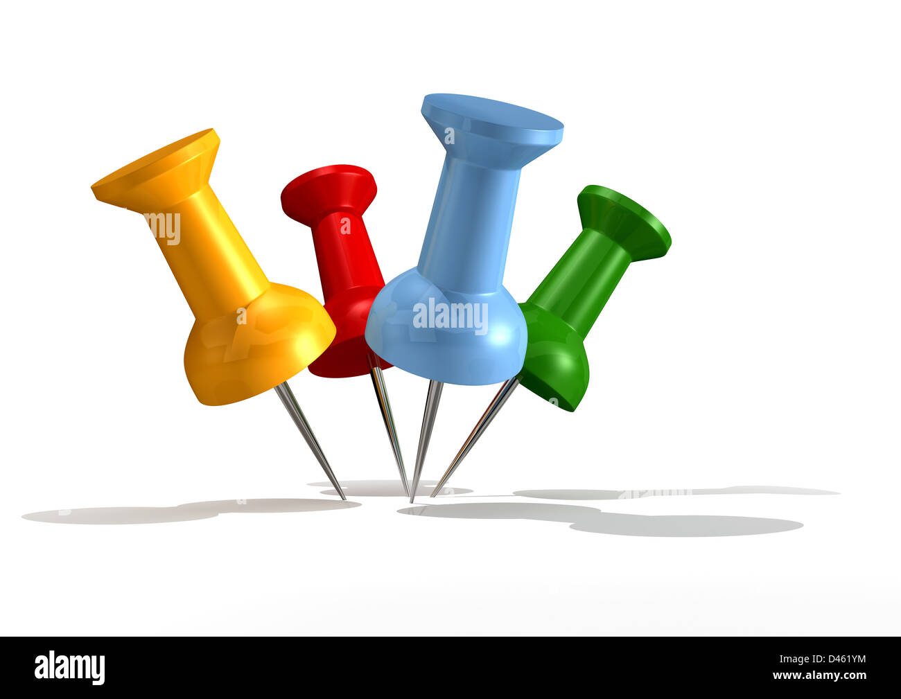 A collection of 4 differently coloured push pins pierced into a common ...