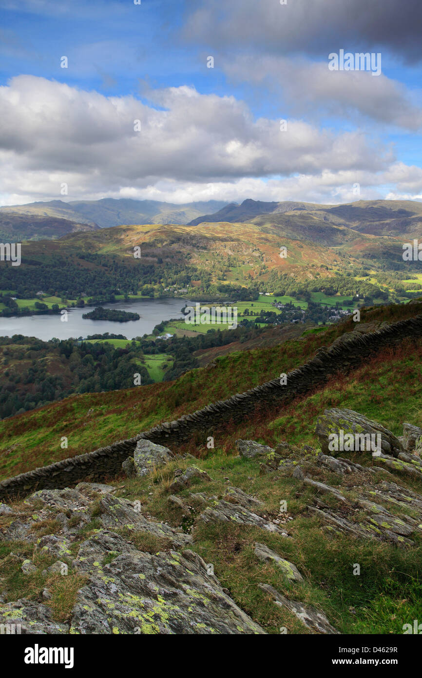 Landscape view over Grasmere and the Langdale Fells from Nab Scar fell ...