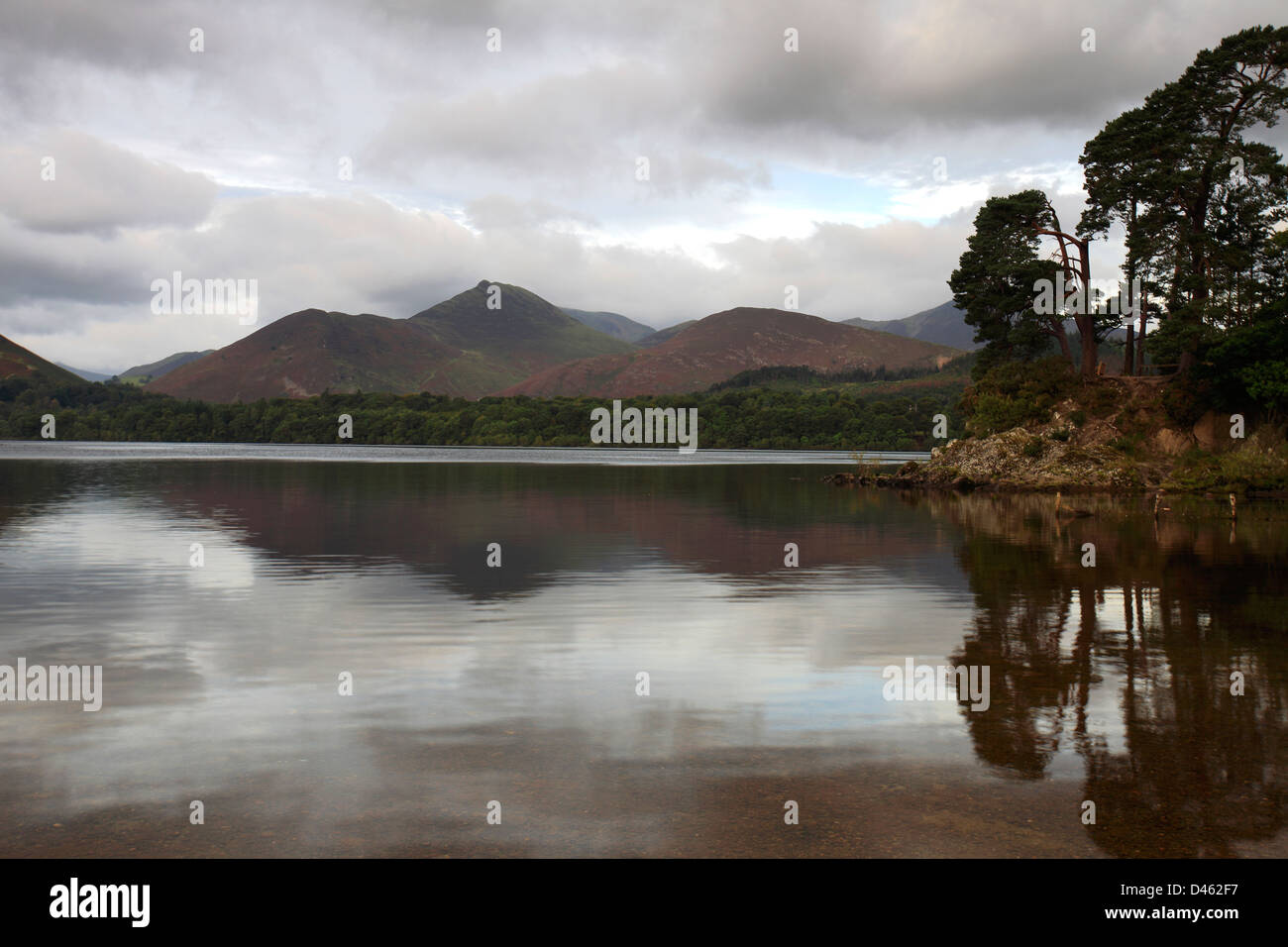 Mountain fells reflections in Derwentwater, Keswick, Lake District ...