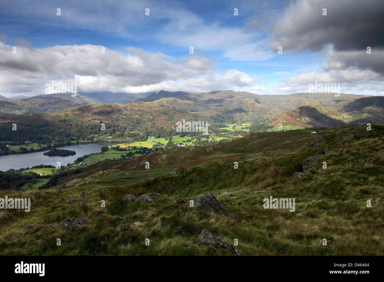 Landscape view over Grasmere and the Langdale Fells from Nab Scar fell ...
