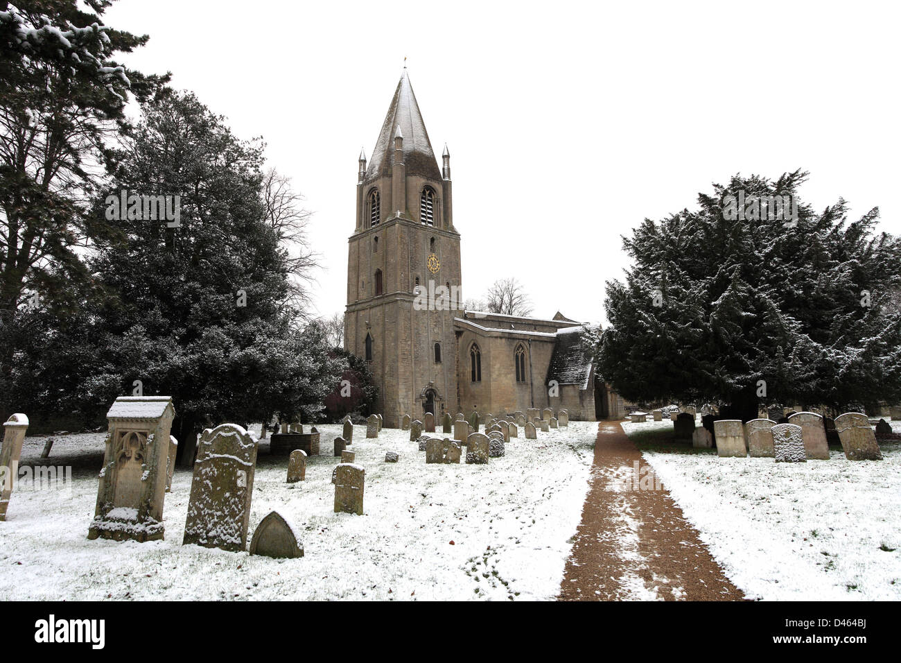 Winter snow, St Johns parish church, Barnack village, Cambridgeshire ...