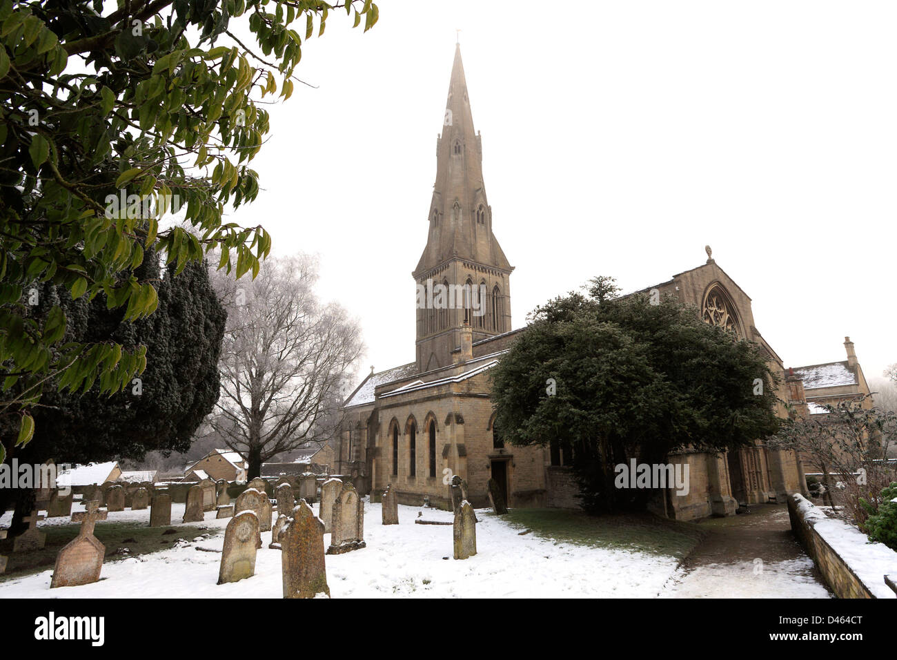Winter snow, All Saints church, Ketton village, Rutland County, England ...
