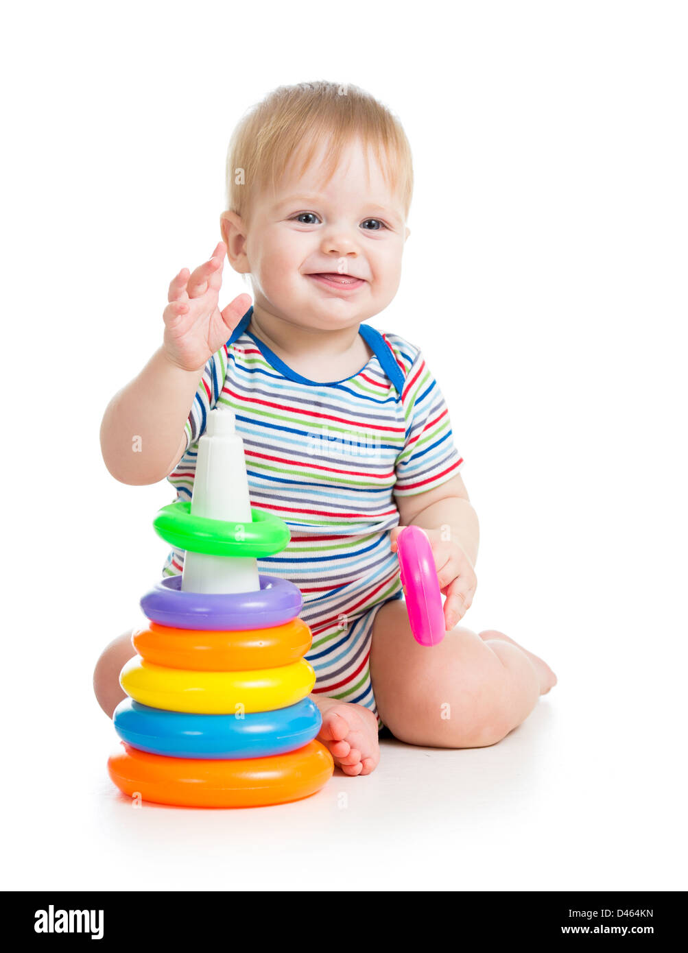 hapy baby boy playing with colorful toy isolated on white Stock Photo ...