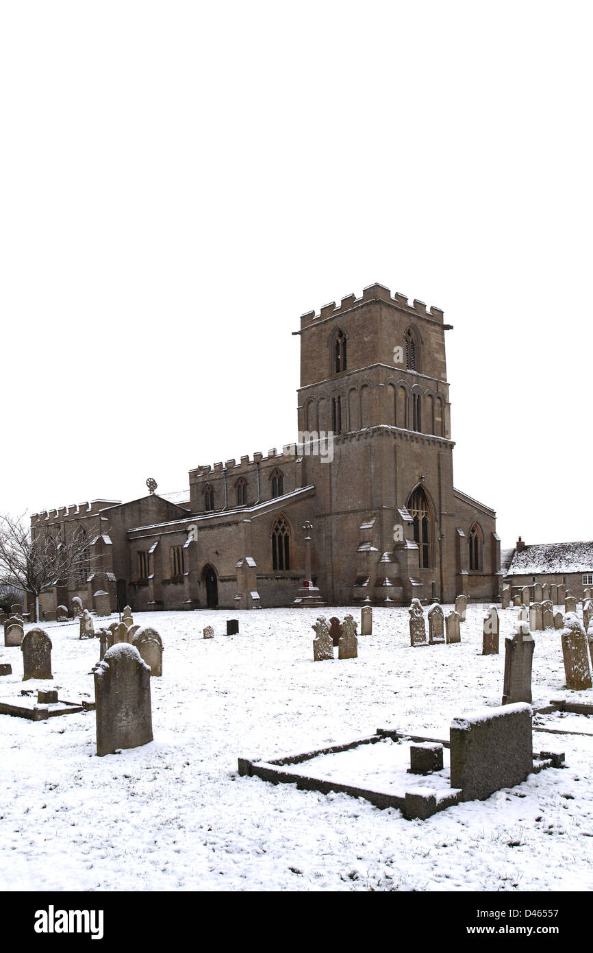 Winter snow, St Peters parish church, Maxey village, Cambridgeshire ...