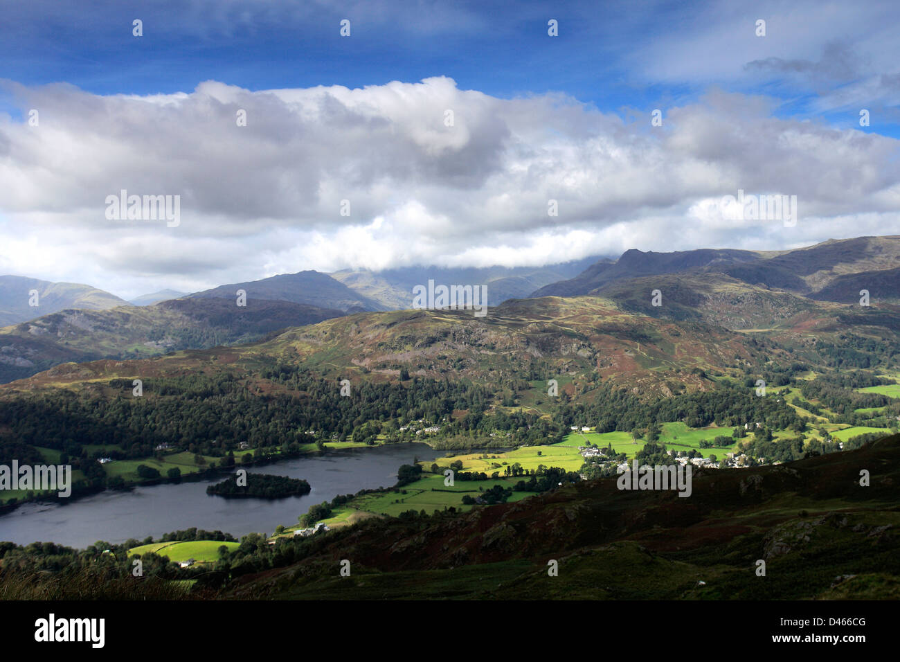 Landscape view over Grasmere and the Langdale Fells from Nab Scar fell ...