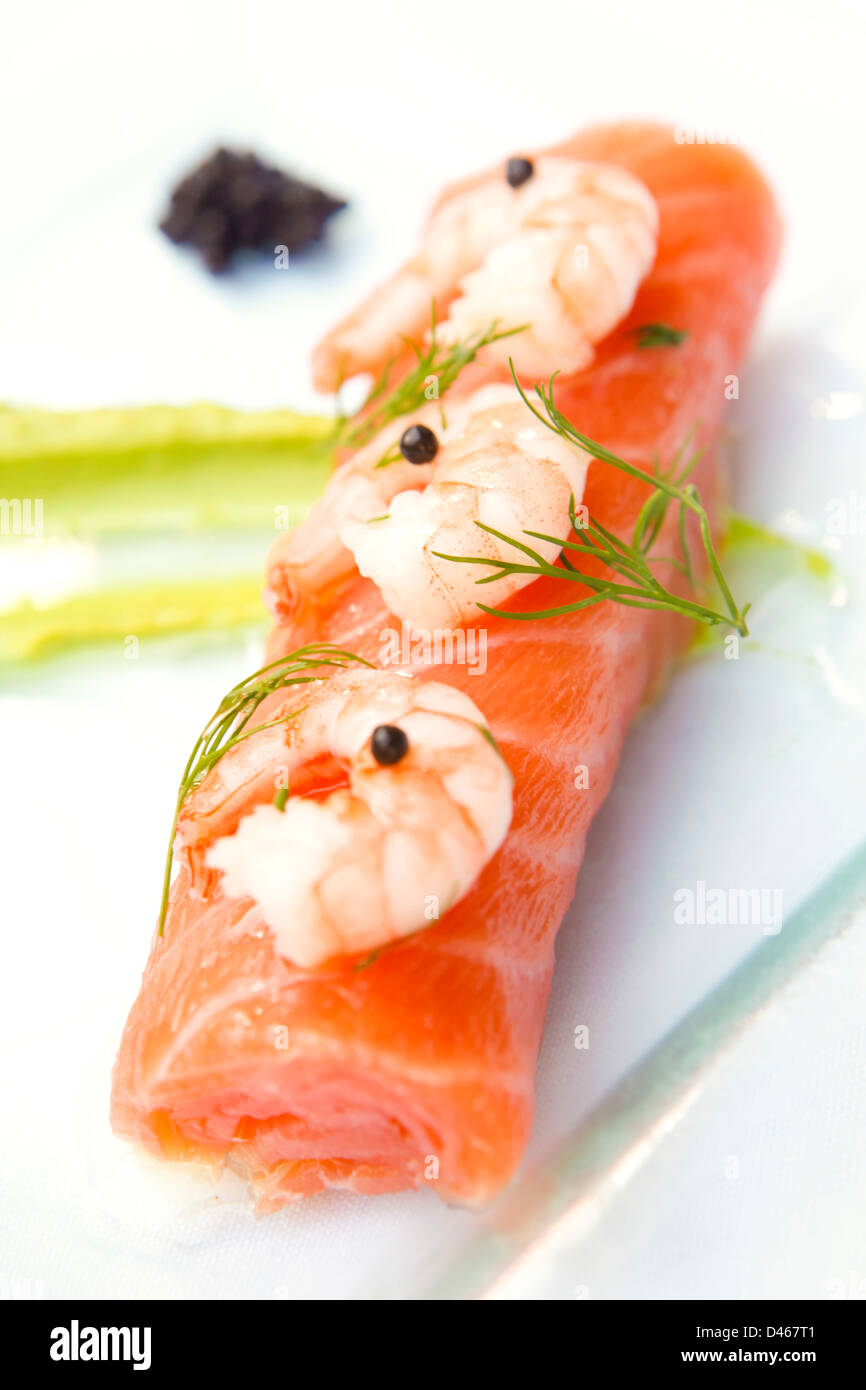 Seafood starter of salmon and prawn with caviar Stock Photo - Alamy