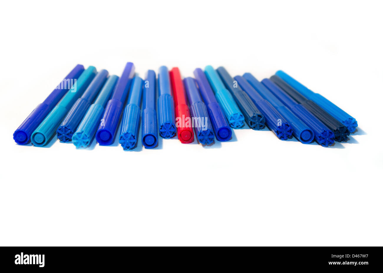 all shades of blue felt-tip pens and exception on white background ...