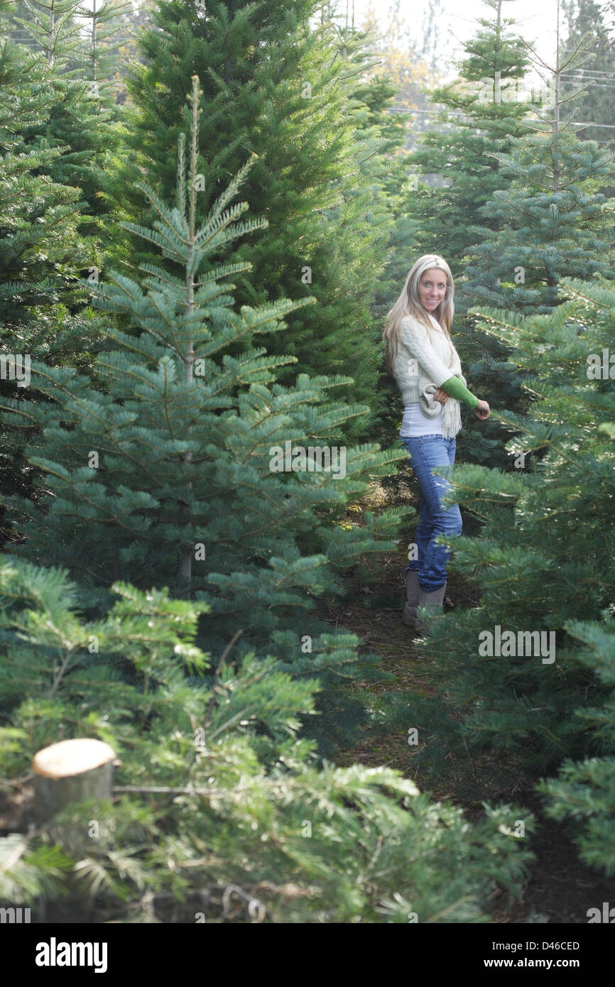 Woman wondering threw christmas tree hi-res stock photography and ...
