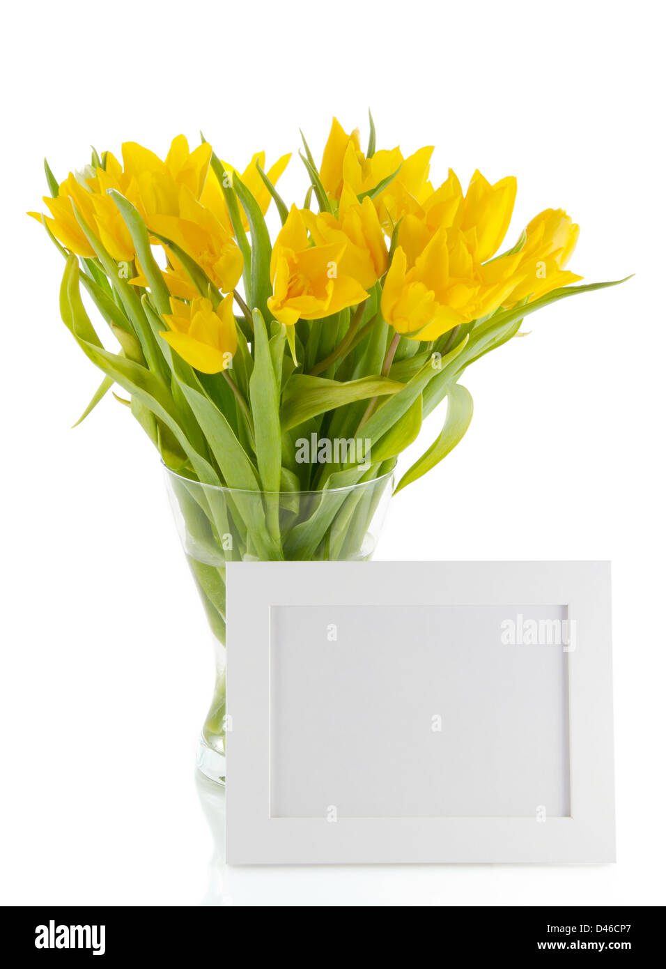 yellow tulips in a vase and photo frame on a white background Stock ...