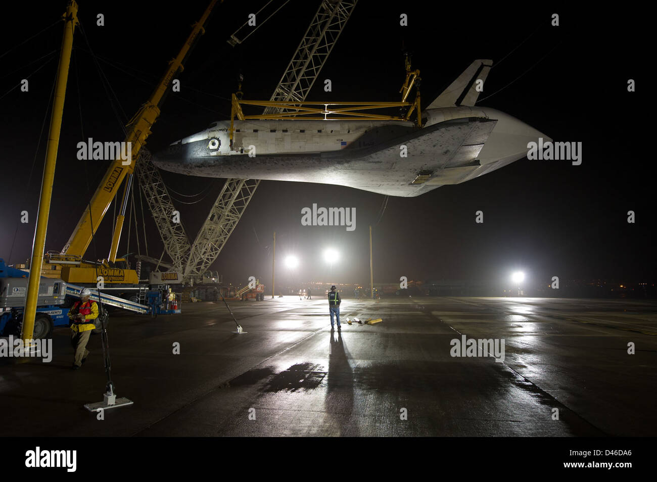 NASA's Space Shuttle Discovery is demated from the Shuttle Carrier Aircraft (SCA) at Washington ...