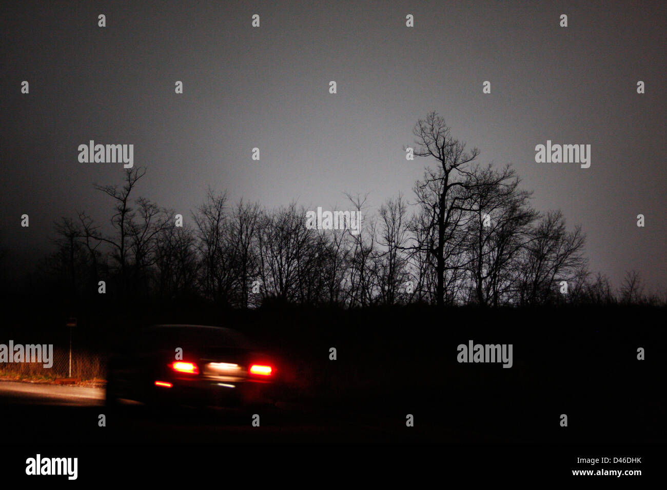 A night scene of a car diving up w wooded road Stock Photo - Alamy
