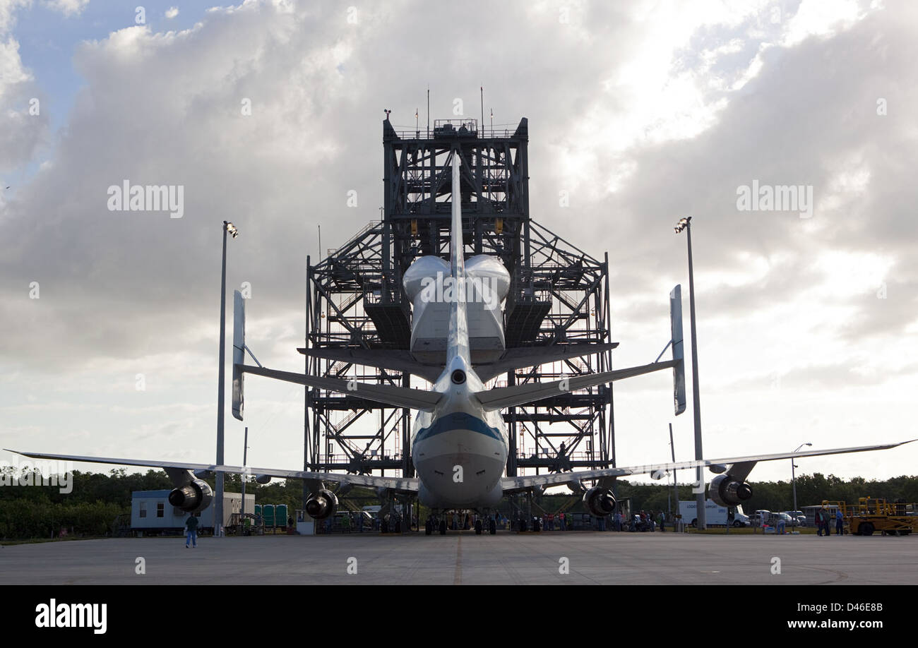 The Space Shuttle Discovery is shown mated to the Shuttle Carrier Aircraft (SCA) at Kennedy ...