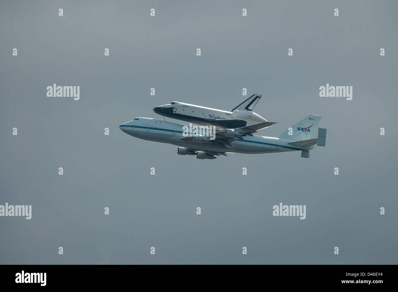 The Space Shuttle Enterprise, mounted on a Boeing 747 Shuttle Carrier ...