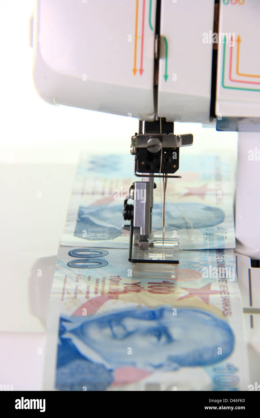 sewing machine sewing money turkish lira on white background Stock ...