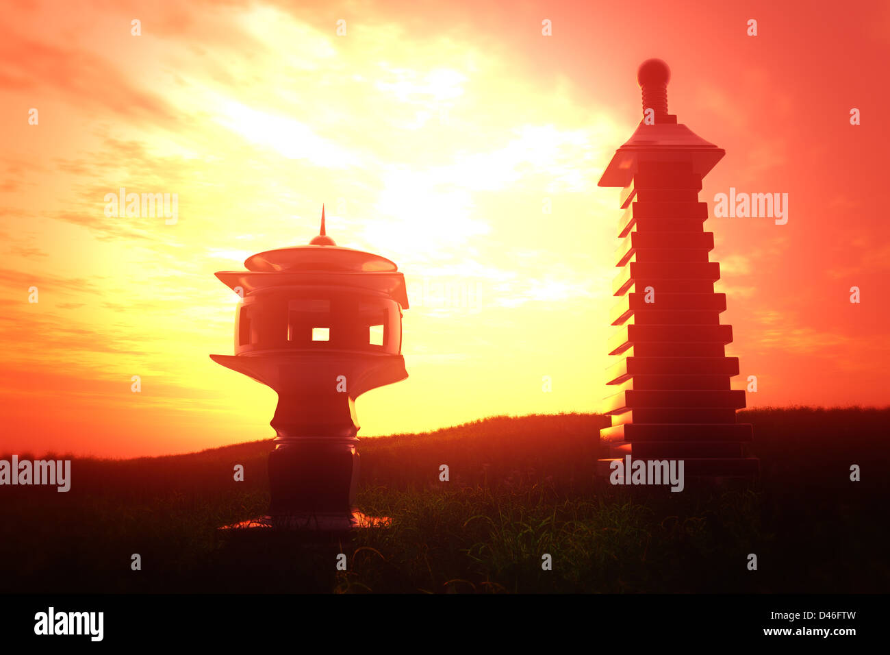 Japanese Stone Lanterns in the Sunset Sunrise 3D render digital artwork ...