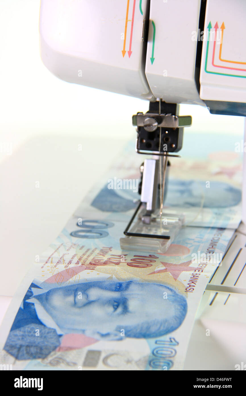 sewing machine sewing money turkish lira on white background Stock ...
