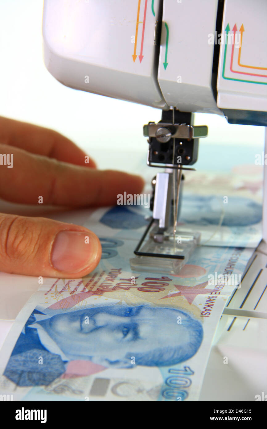 sewing machine sewing money turkish lira on white background Stock ...