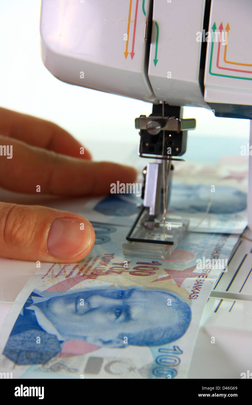 sewing machine sewing money turkish lira on white background Stock ...