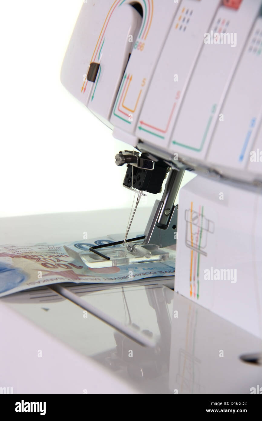 sewing machine sewing money turkish lira on white background Stock ...