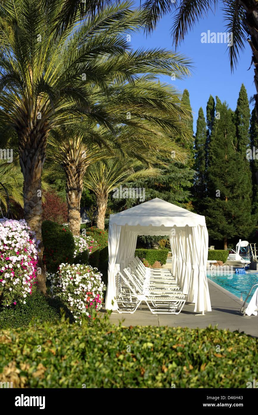 White tents at a tropical resort pool side Stock Photo - Alamy