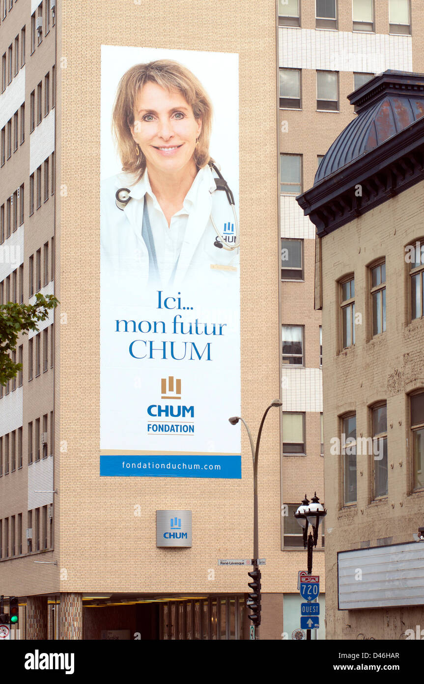 Giant sign announcing the construction of an hospital in Montreal ...