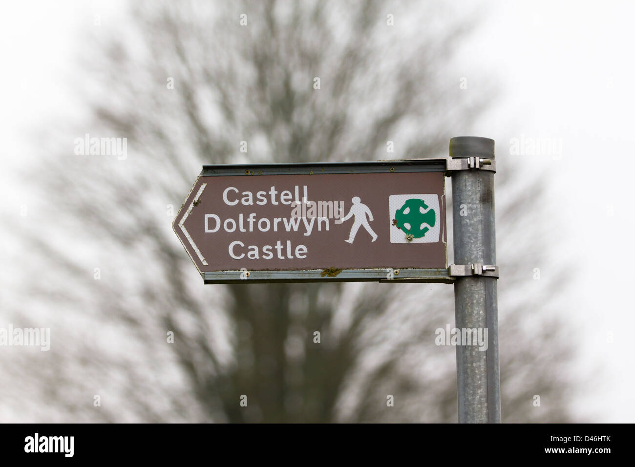 Sign for Castell Dolforwyn Castle, a castle of the Welsh Princes Stock ...