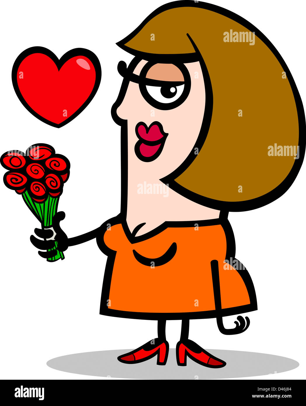 Cartoon Illustration of Happy Woman in Love with Flowers Stock Photo ...