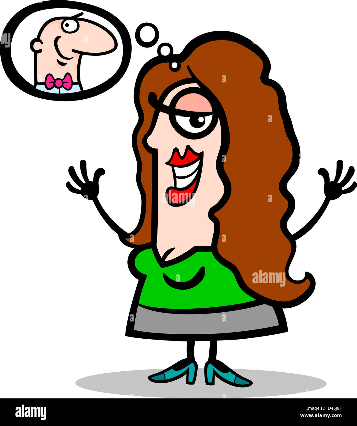 Cartoon Illustration of Happy Woman in Love Thinking about Man Stock ...