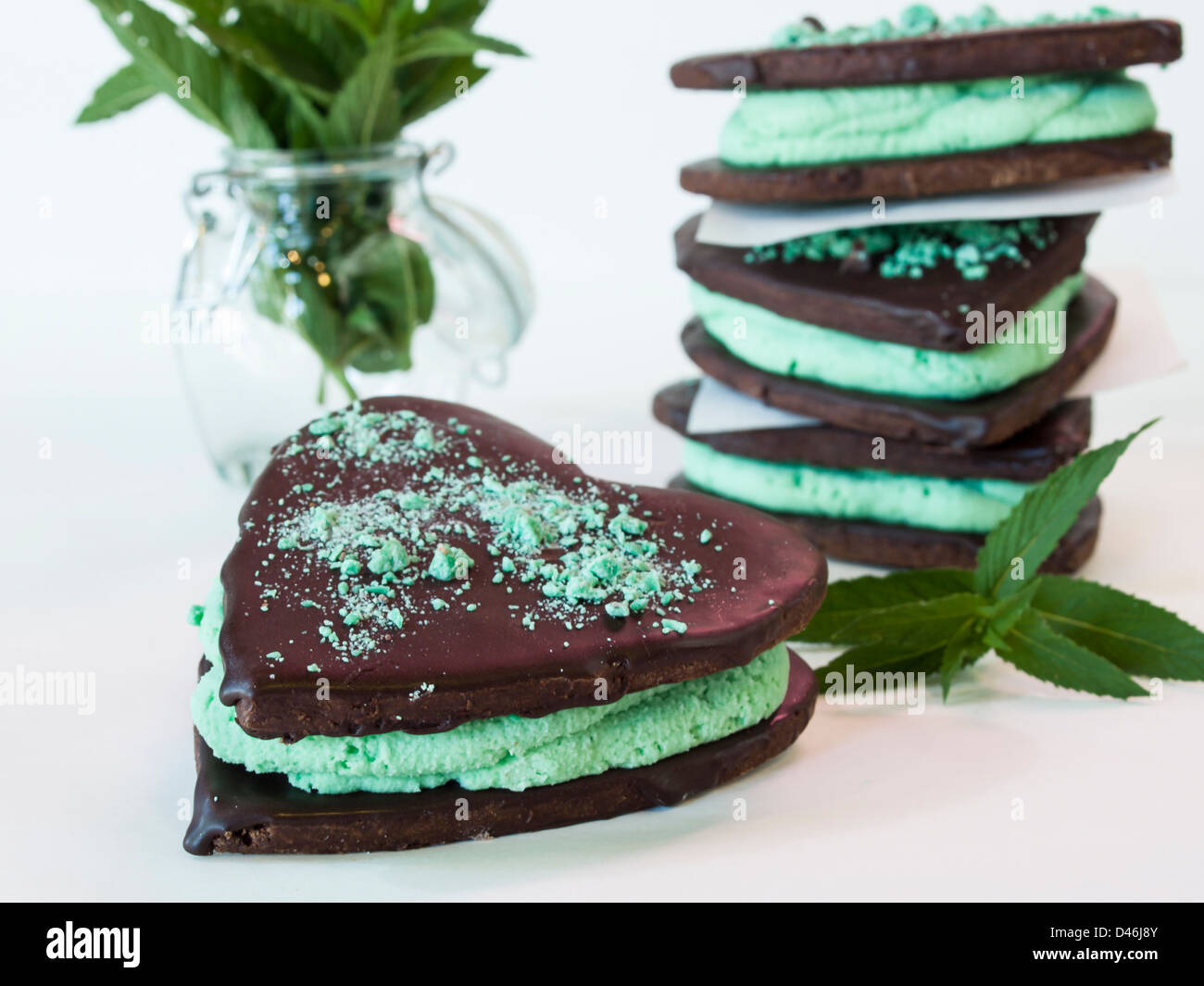 Chocolate cookies with mint filling on white background Stock Photo - Alamy
