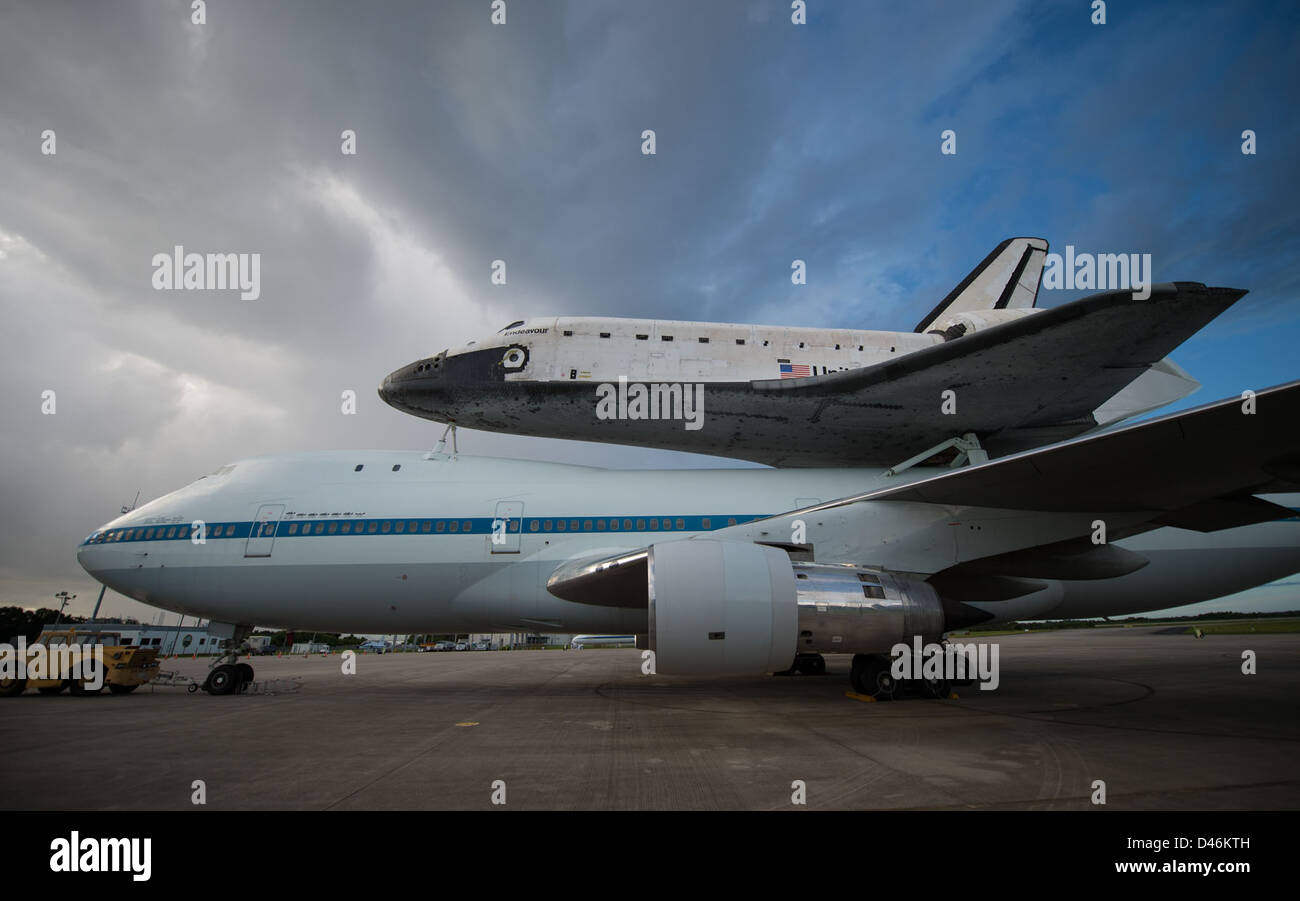 Space Shuttle Endeavour is shown atop the 747 Shuttle Carrier Aircraft ...