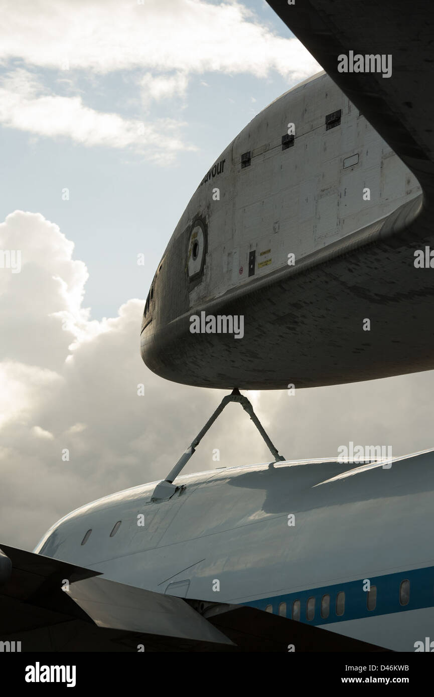 The Space Shuttle Endeavour is transported atop the 747 Shuttle Carrier ...