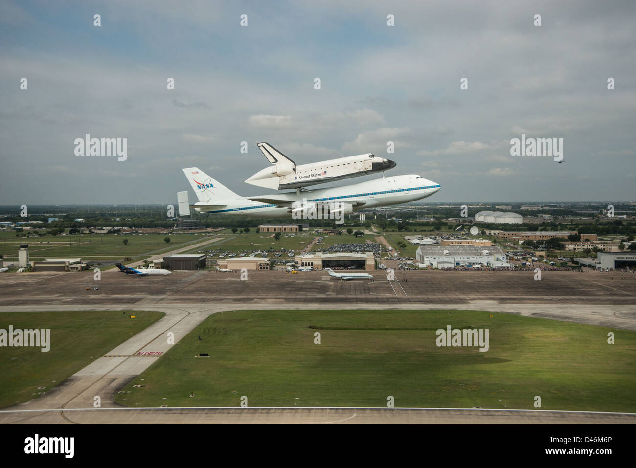 The Space Shuttle Endeavour is seen flying over Houston, Texas, on the ...