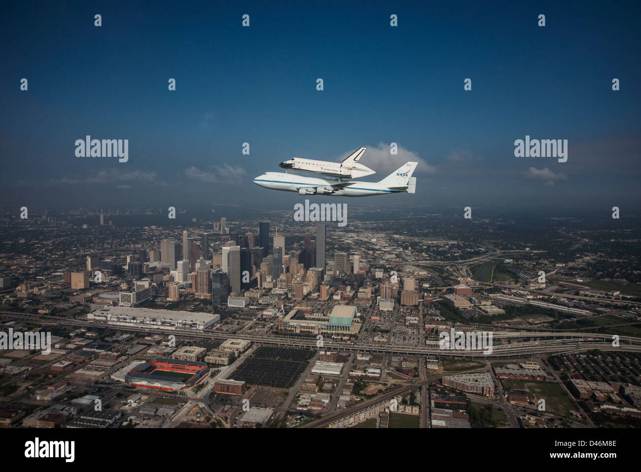 NASA's Space Shuttle Endeavour performs a flyover above Houston, Texas ...