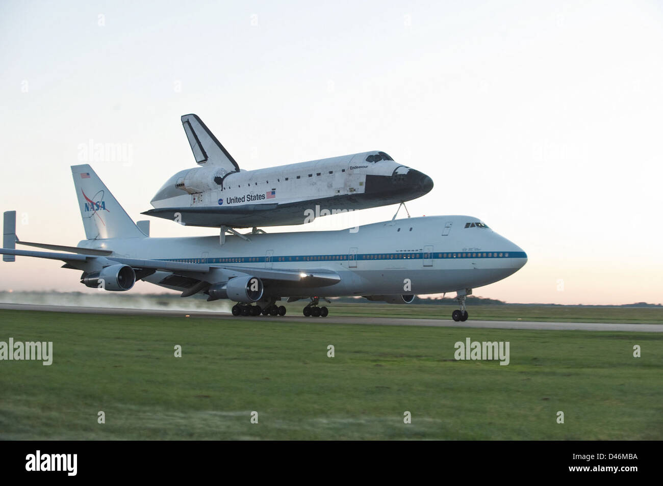 The Space Shuttle Endeavour departs Ellington Field aboard the Shuttle ...