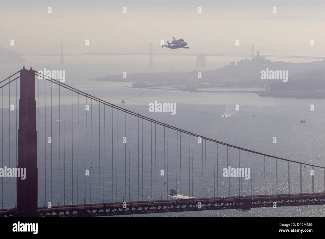 NASA's Space Shuttle Endeavour flies over the Golden Gate Bridge in San ...