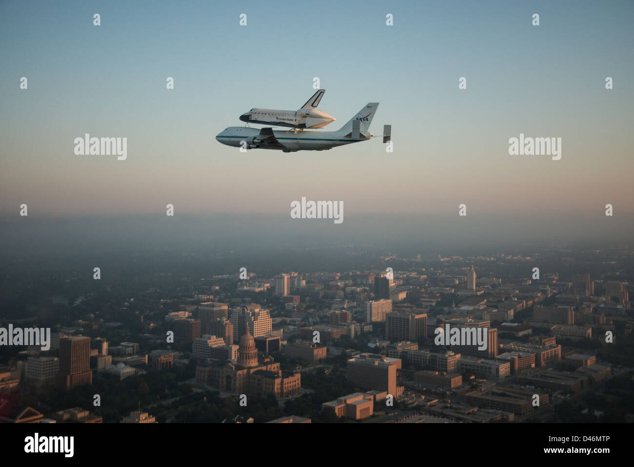 The Space Shuttle Endeavour flew over the Texas State Capitol building ...