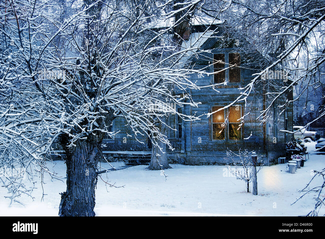 Old house with yard and trees in snow Stock Photo - Alamy