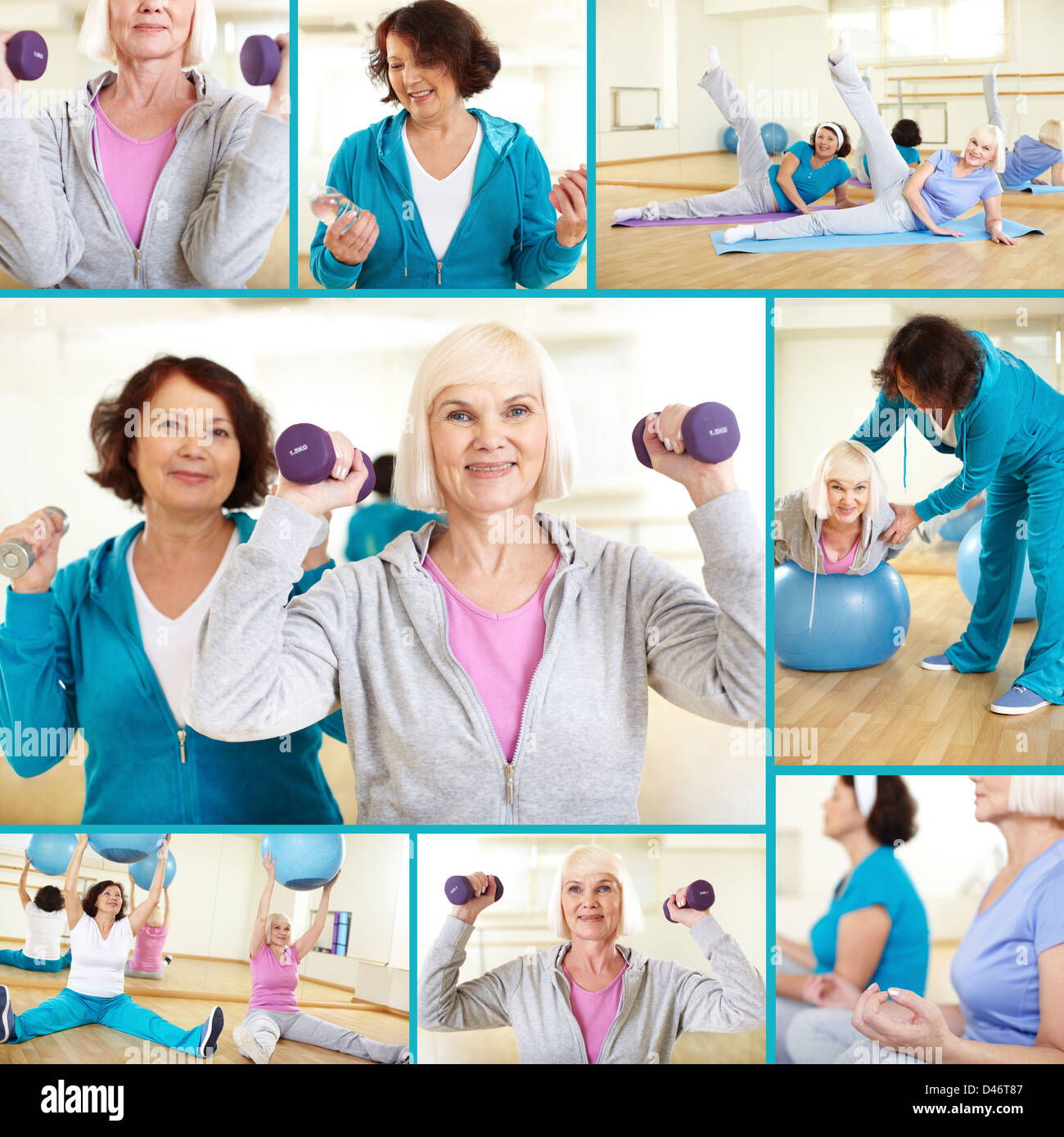 Collage of sporty females doing physical exercises in sport gym Stock ...
