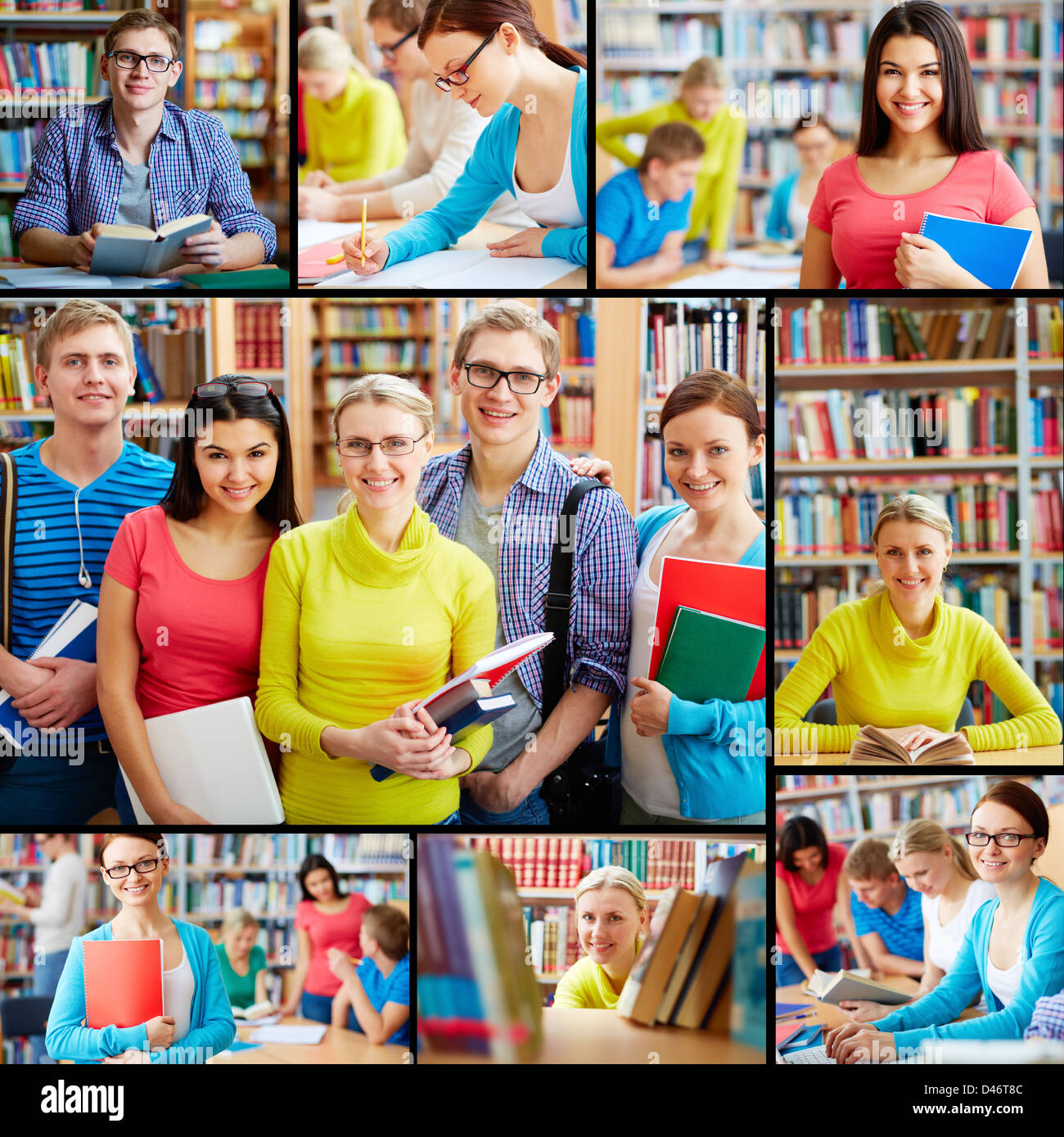 Collage of friendly students in college library Stock Photo - Alamy