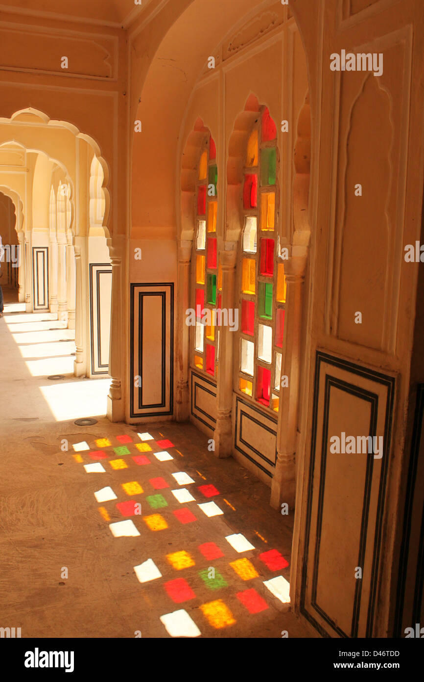 Colourful glass works of Jharoka or latticed window, Hawa mahal or ...