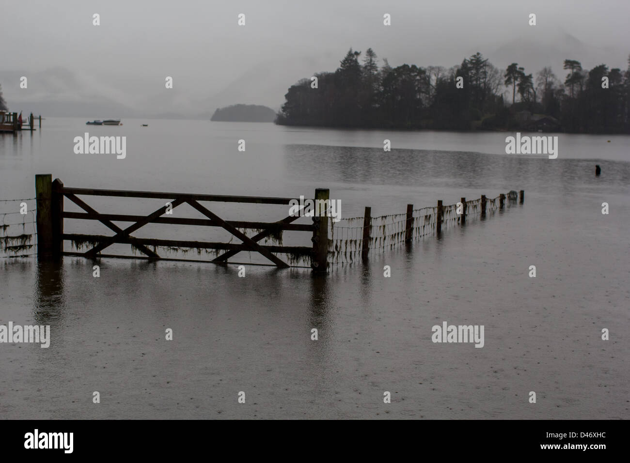 A flooded field on the banks of Derwent Water near Keswick in the Lake ...