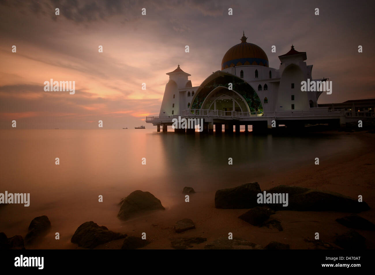The floating mosque of Melaka at sunset on the indian ocean coast Stock ...