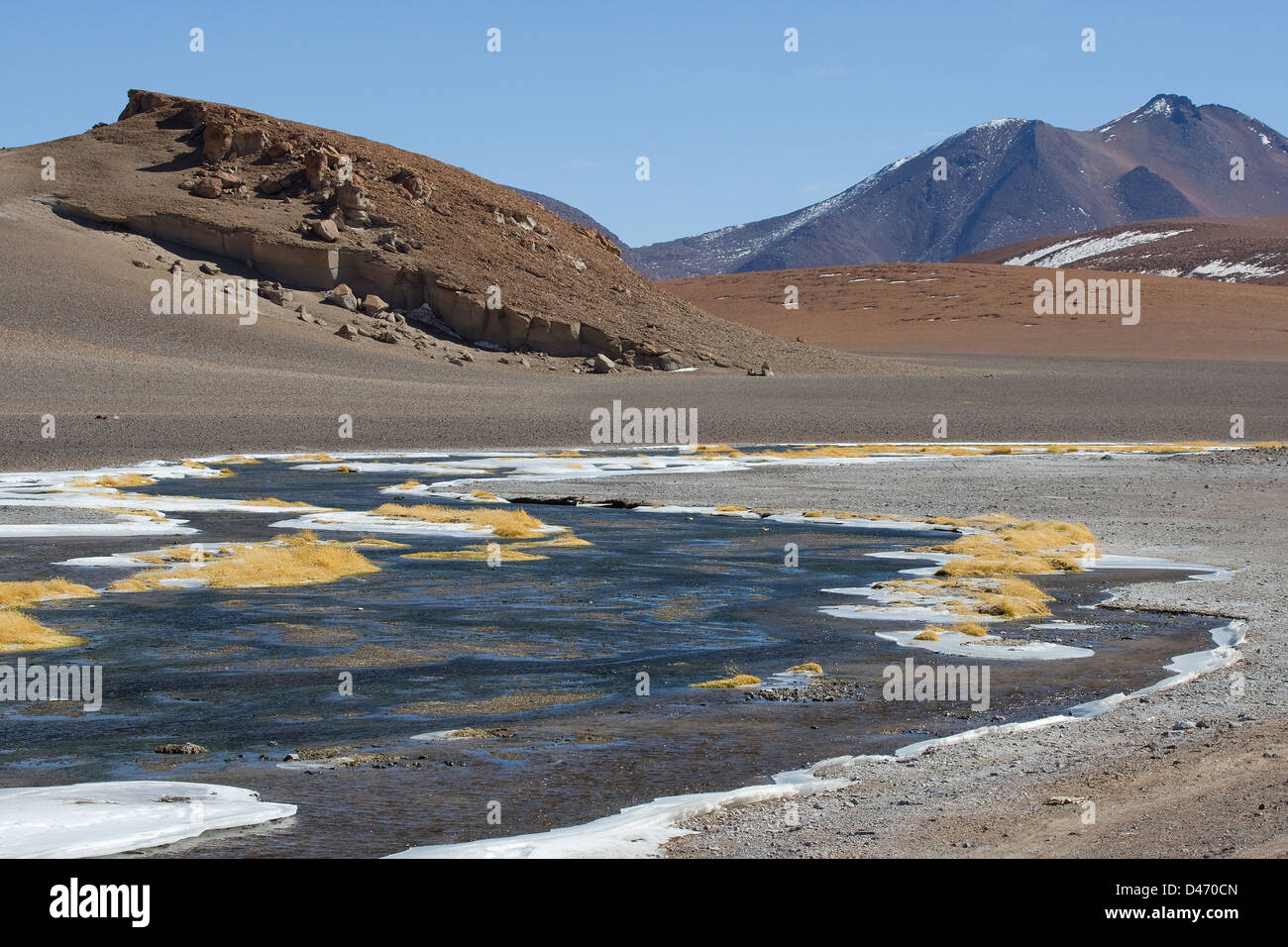 Frozen lagoon at mountain pass Paso de Jama near San Pedro de Atacama ...