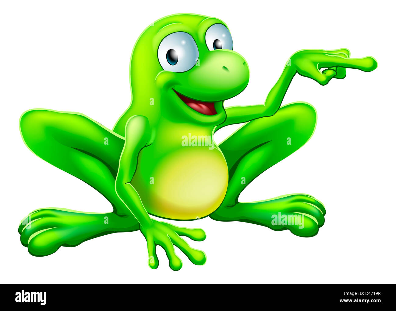 An illustration of a cute green happy frog character pointing or ...
