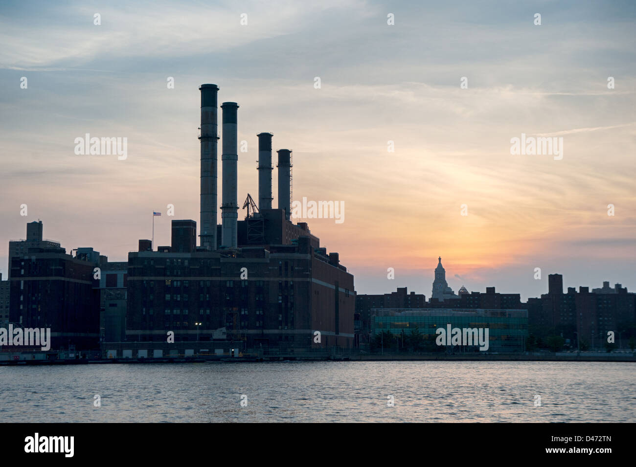 A silhouette of the Con Edison Plant on the East River, Manhattan, New ...